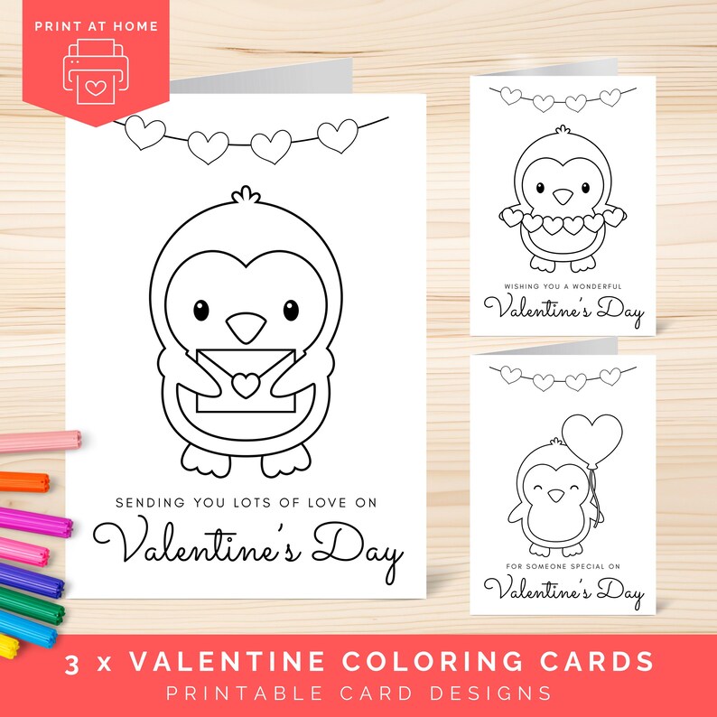 Valentine Coloring Cards Printable, Set of 3 Cute Penguin Valentine’s ...