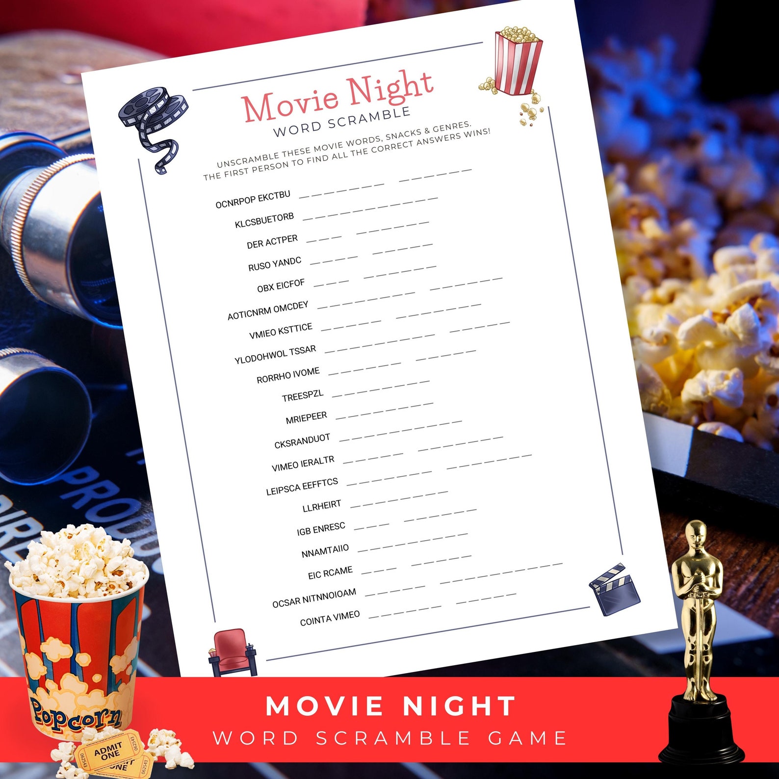 Movie Night Scramble Game, Printable Movie Party Games, Fun Games for ...
