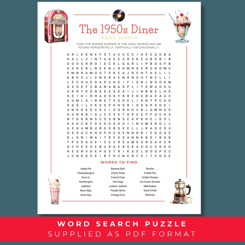 1950s Diner Word Search, Sock Hop Printable, Retro Puzzle Game, Calming ...