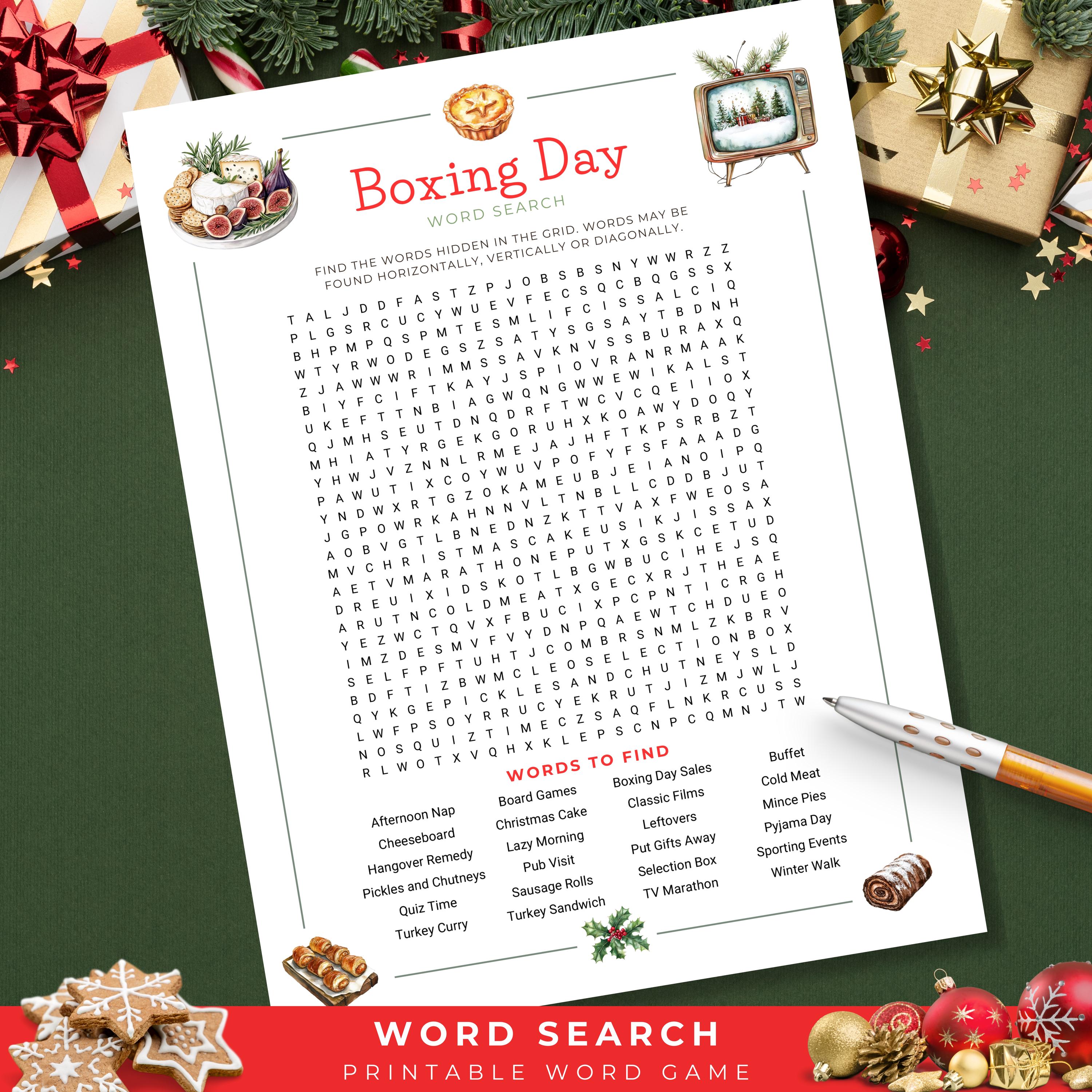 Boxing Day Printable Game, British Christmas Word Search for Adults ...