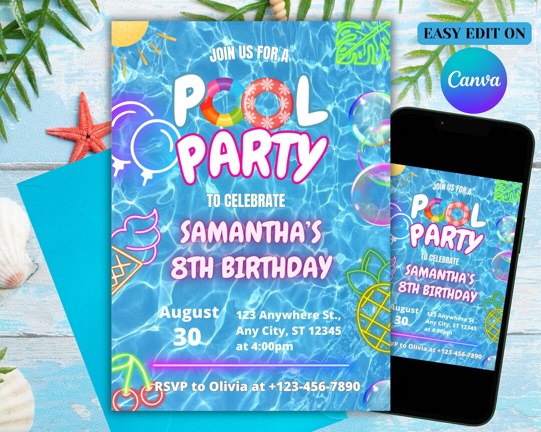 Editable Summer Pool Party Invitation. Pool Birthday Party Template ...