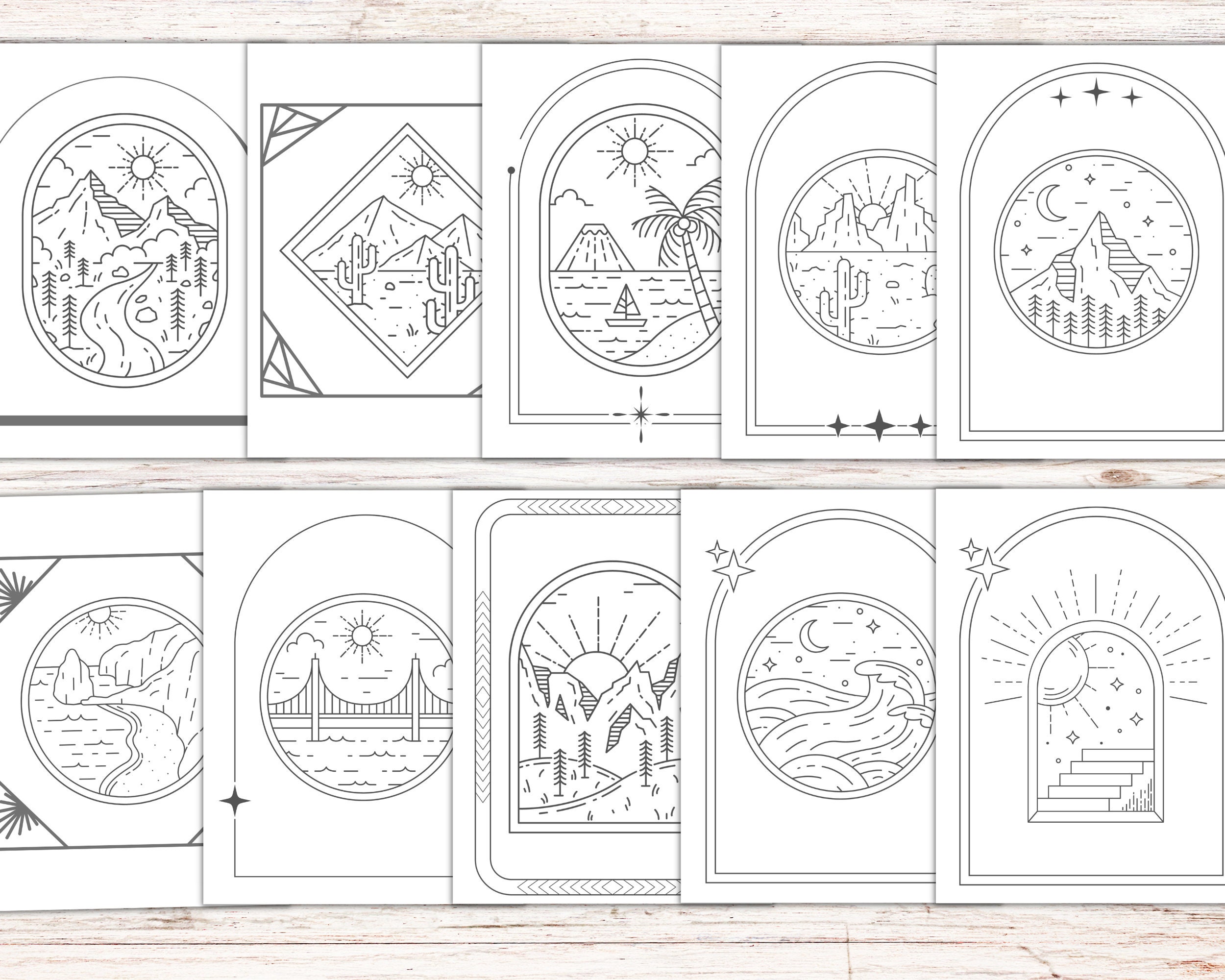 10 Boho Landscape Coloring Pages for Adults, Minimalist Pages for ...