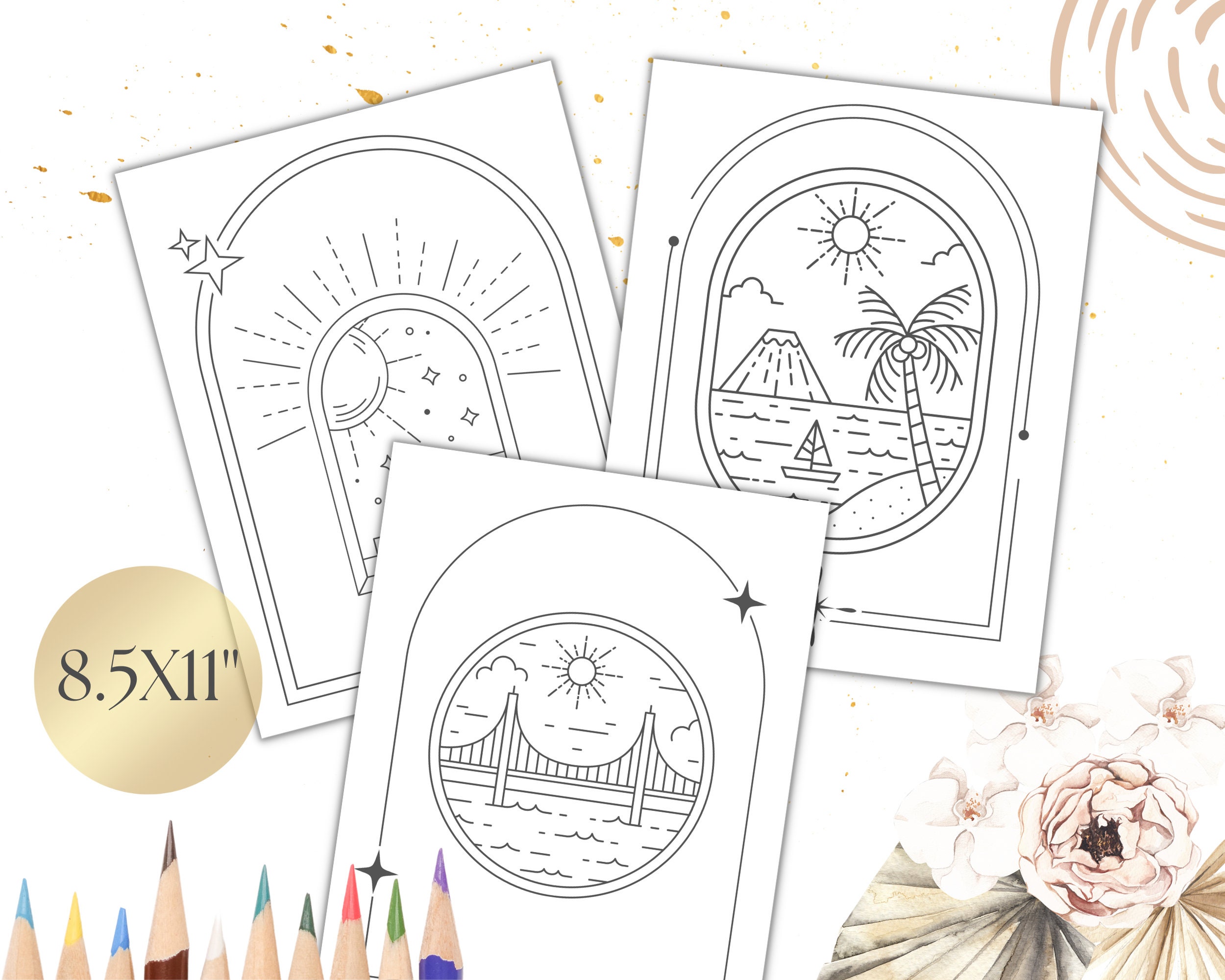 10 Boho Landscape Coloring Pages for Adults, Minimalist Pages for ...