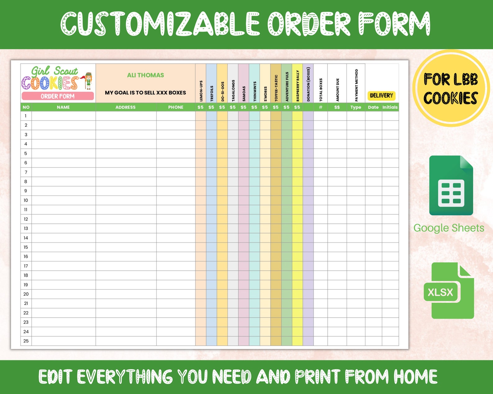 2024 Girl Scout Cookie Order Form Template, Editable With Google Sheets ...