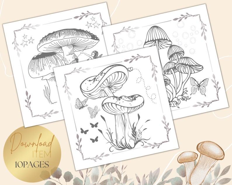10 Mystical Mushrooms Coloring Pages for Adults, Printable Sheets for ...