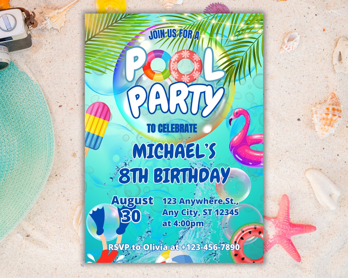 Editable Summer Pool Party Invitation. Pool Birthday Party Template ...