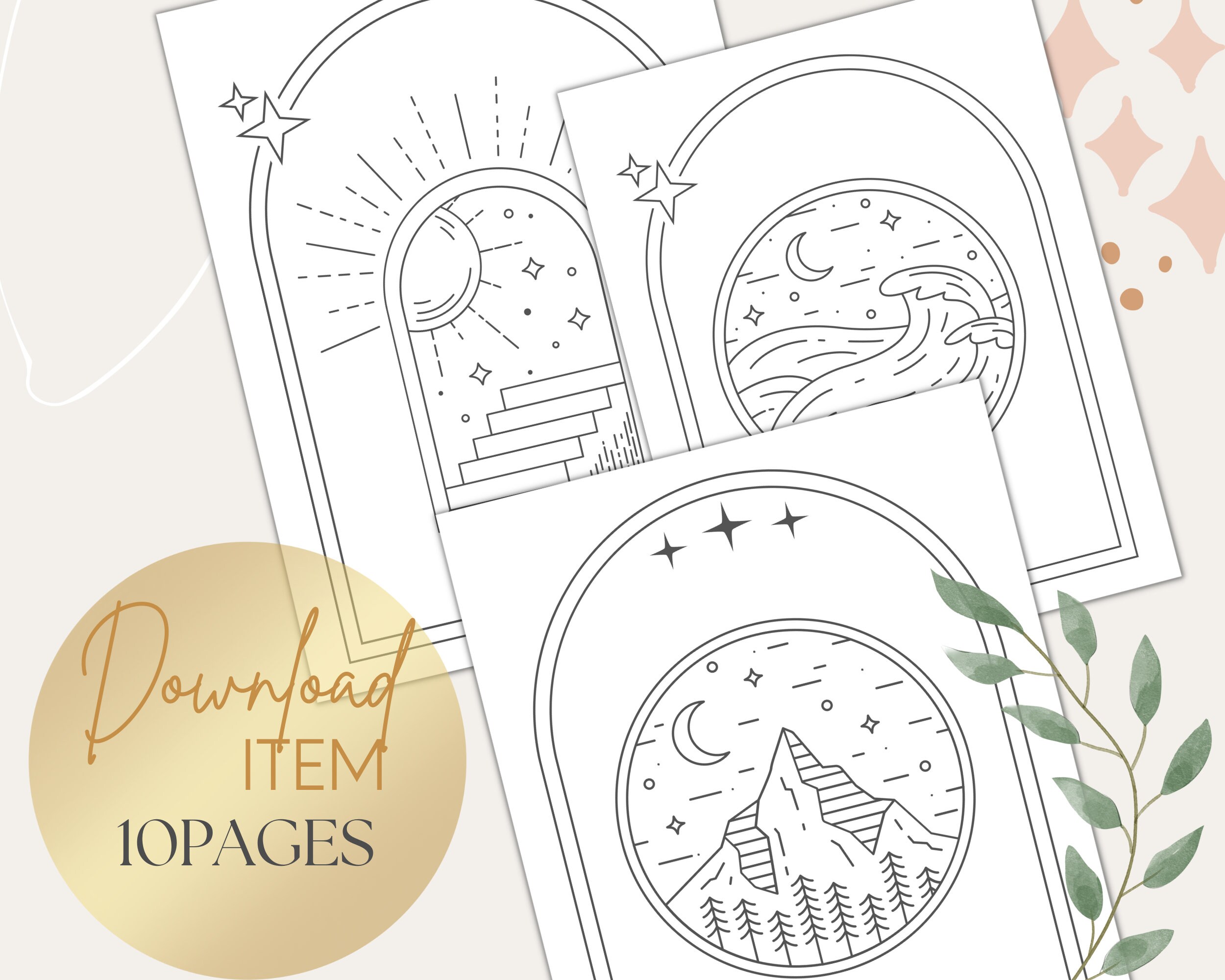 10 Boho Landscape Coloring Pages for Adults, Minimalist Pages for ...