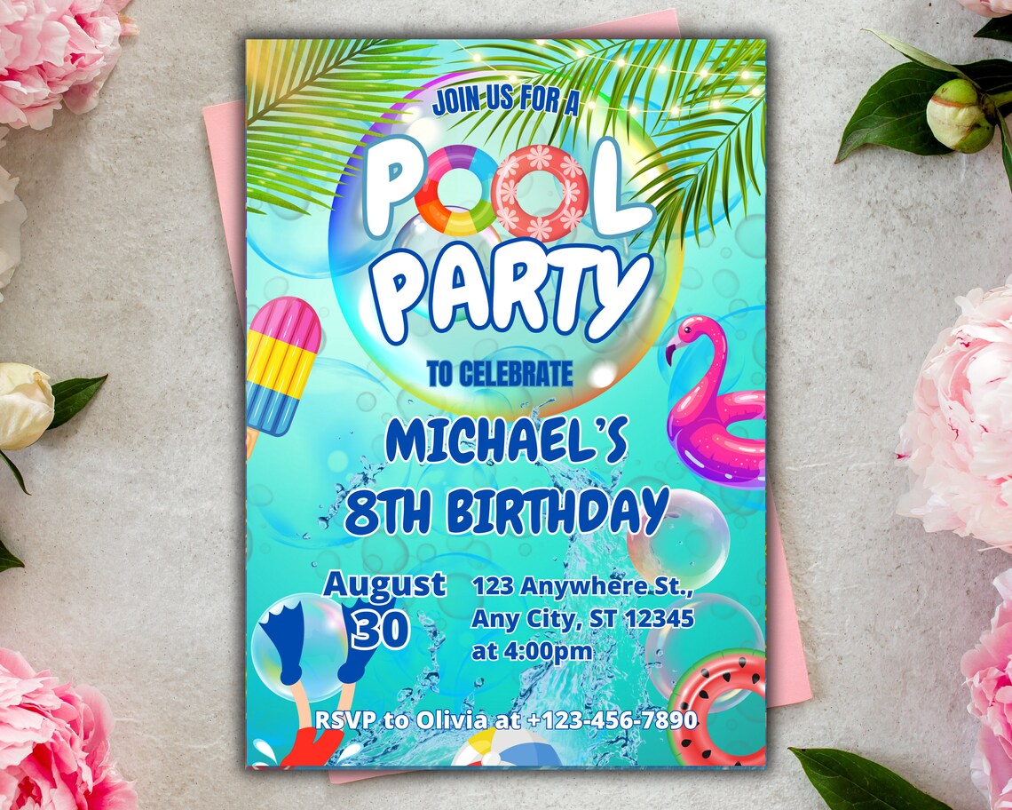 Editable Summer Pool Party Invitation. Pool Birthday Party Template ...