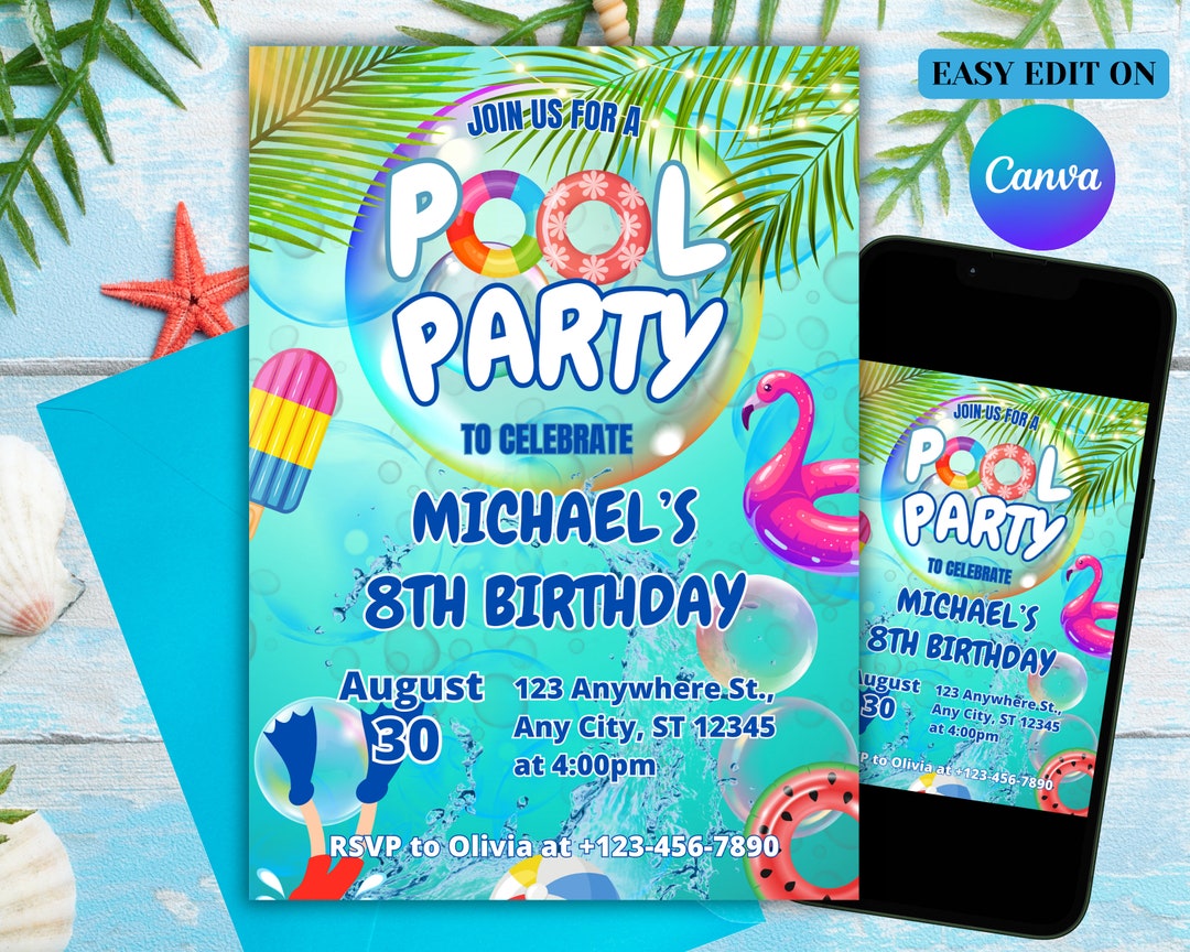 Editable Summer Pool Party Invitation. Pool Birthday Party Template ...