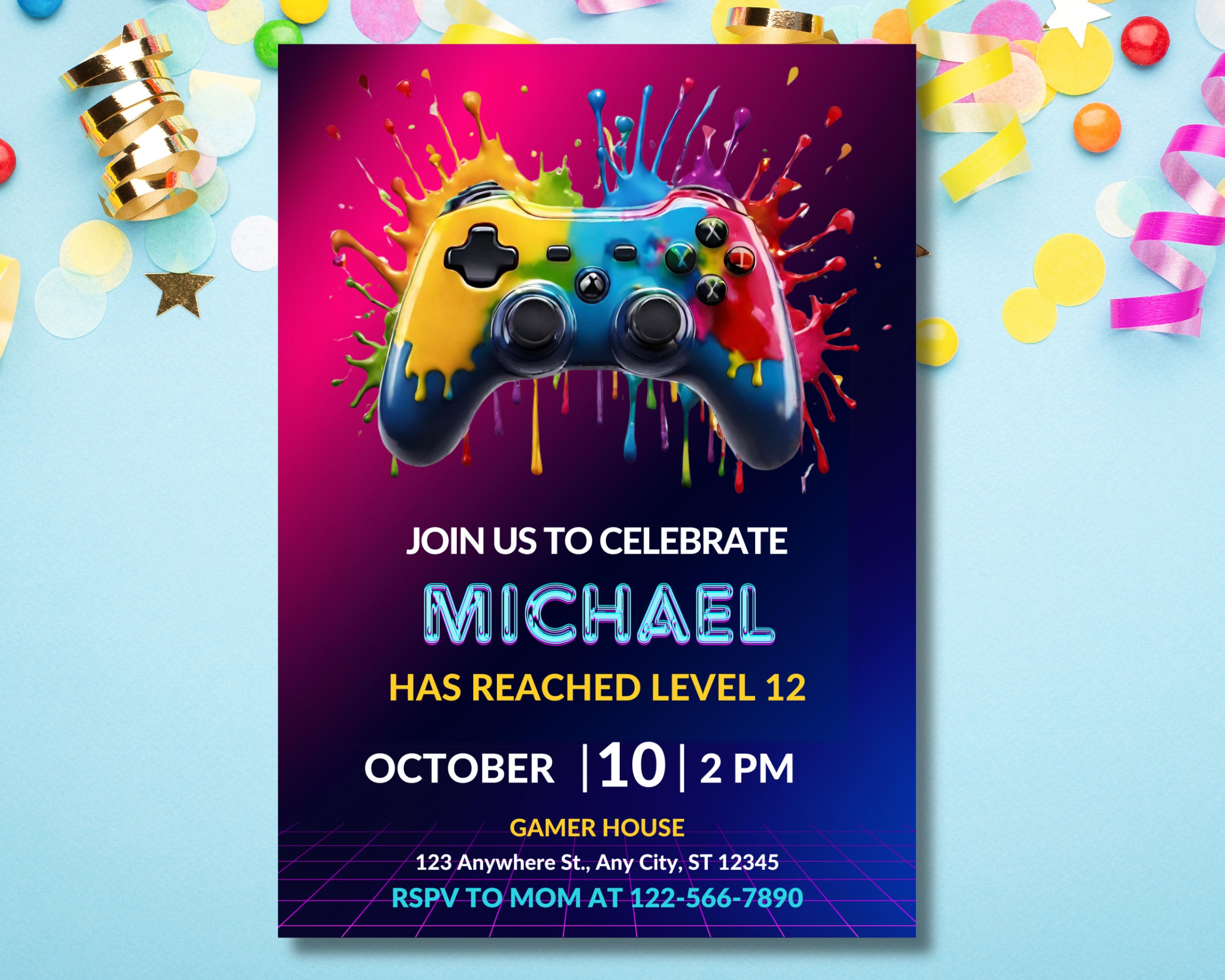 Video Game Birthday Party Invitation, Neon Gamer Party, Editable Canva ...