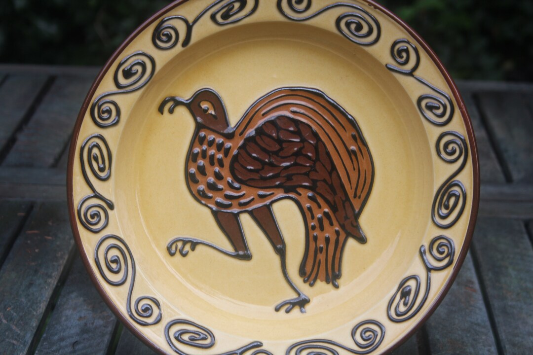 Vintage Studio Pottery Bowl Dish Slipware Bird Design 27cm Signed KJ ...