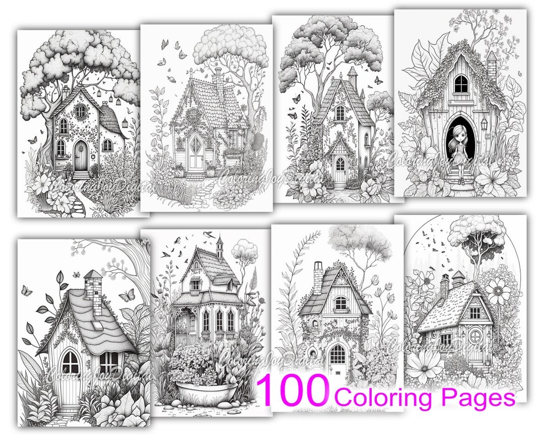 100 Magical House Coloring Pages, Grayscale Fantasy Fairy Garden ...