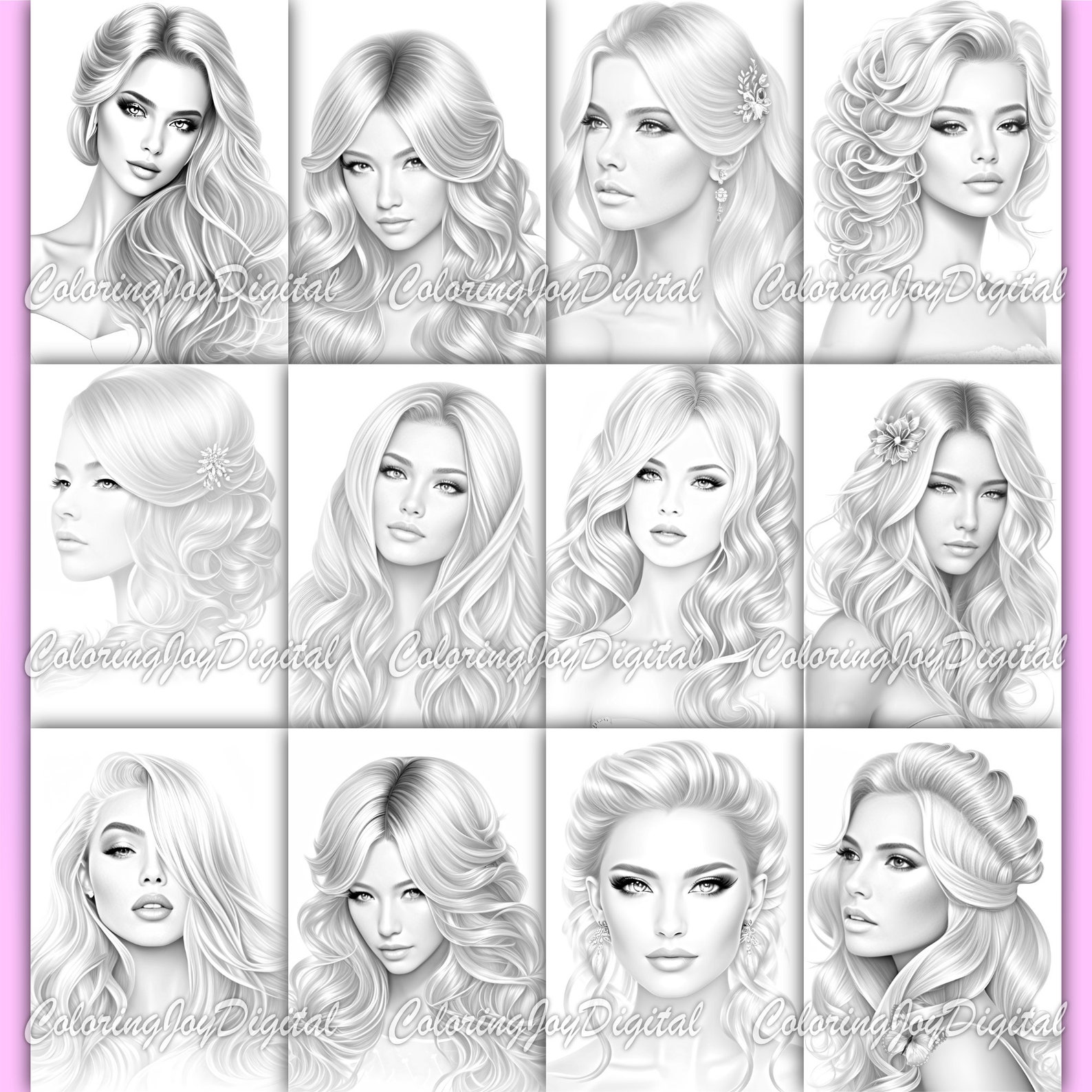 28 Women Hairstyle Coloring Set-3, Premium Grayscale Adult Coloring ...