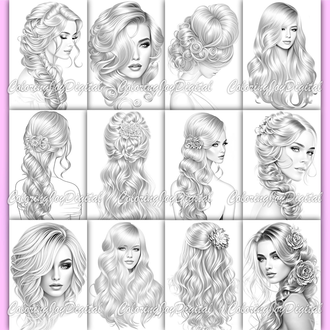 Hairstyle Romantic Coloring Book for Adults, 48 Grayscale Coloring ...