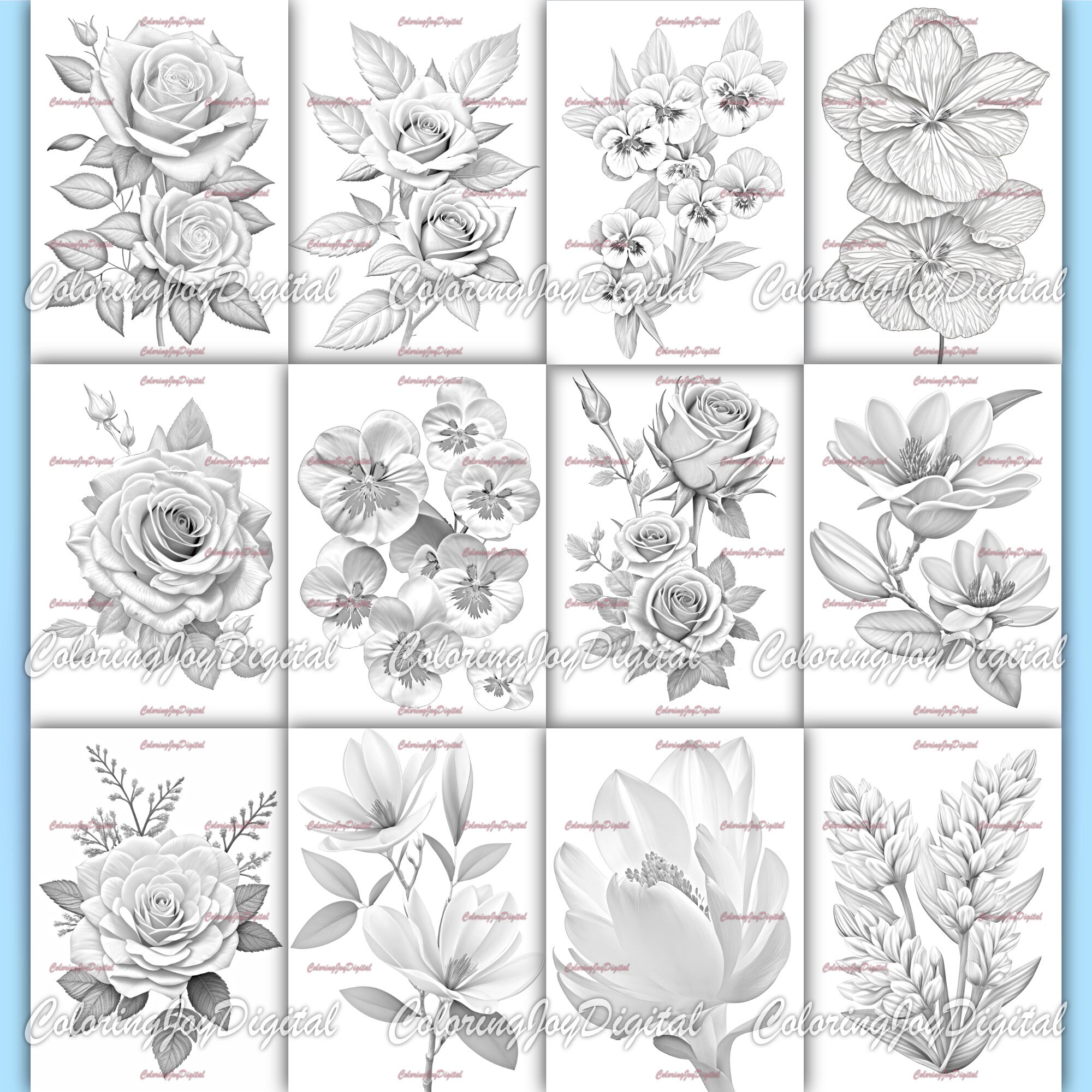 26 Grayscale Flower Coloring Page Adult Coloring Page Floral - Etsy Canada