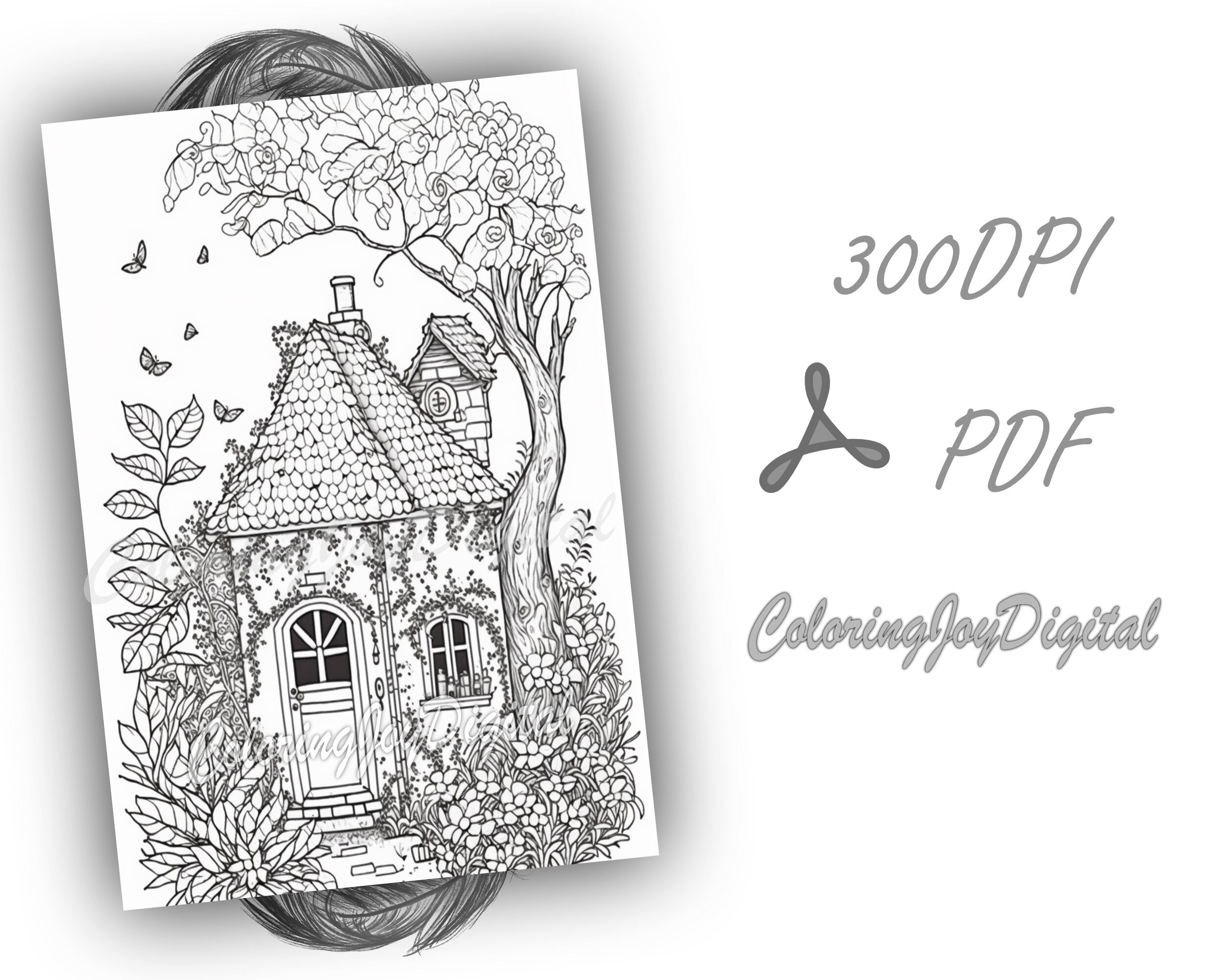100 Magical House Coloring Pages, Grayscale Fantasy Fairy Garden ...