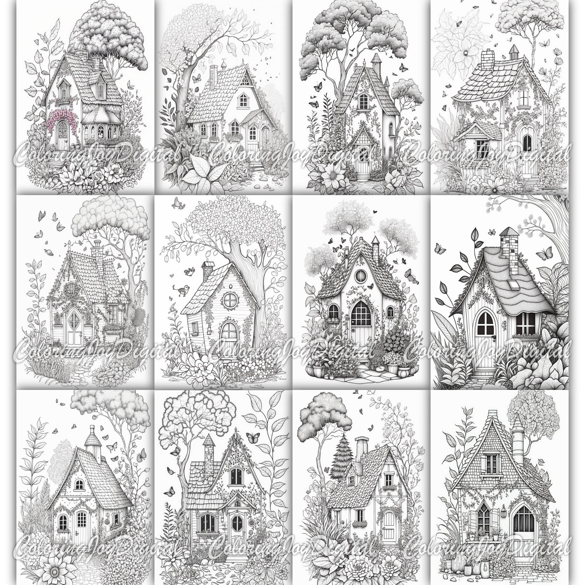 100 Magical House Coloring Pages, Grayscale Fantasy Fairy Garden ...
