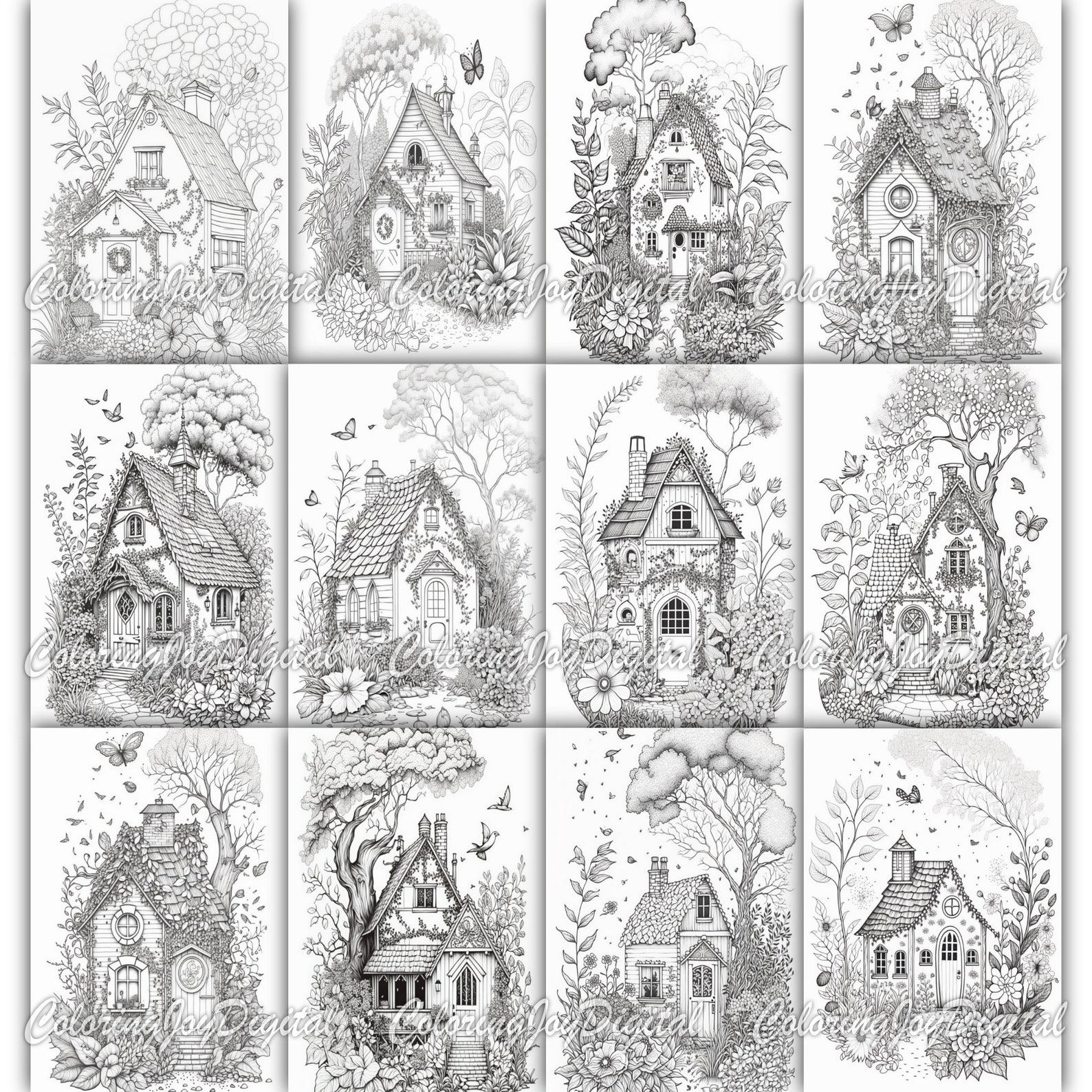 100 Magical House Coloring Pages, Grayscale Fantasy Fairy Garden ...