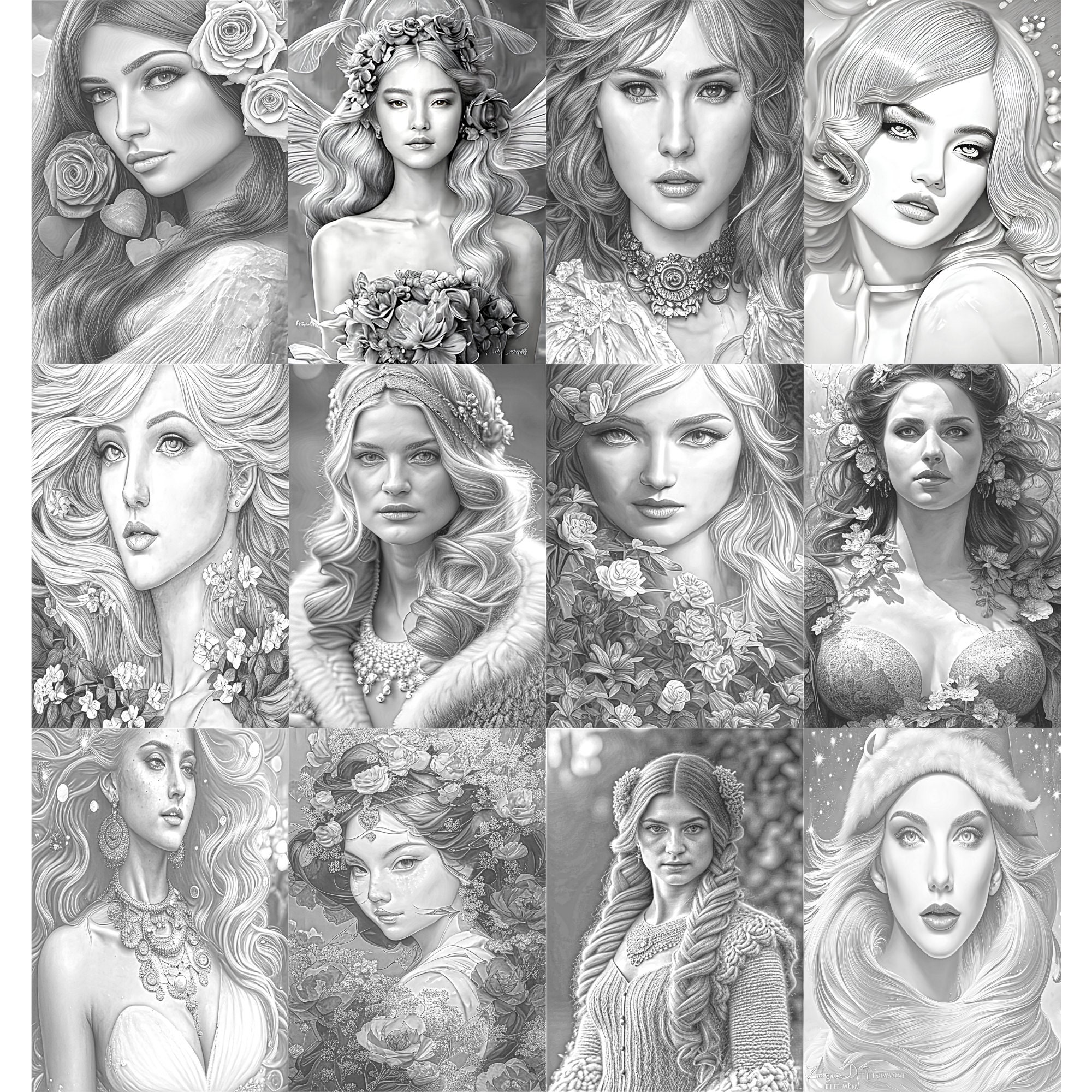 86 Grayscale Coloring Pages Fantasy Flower Fairy Women - Etsy