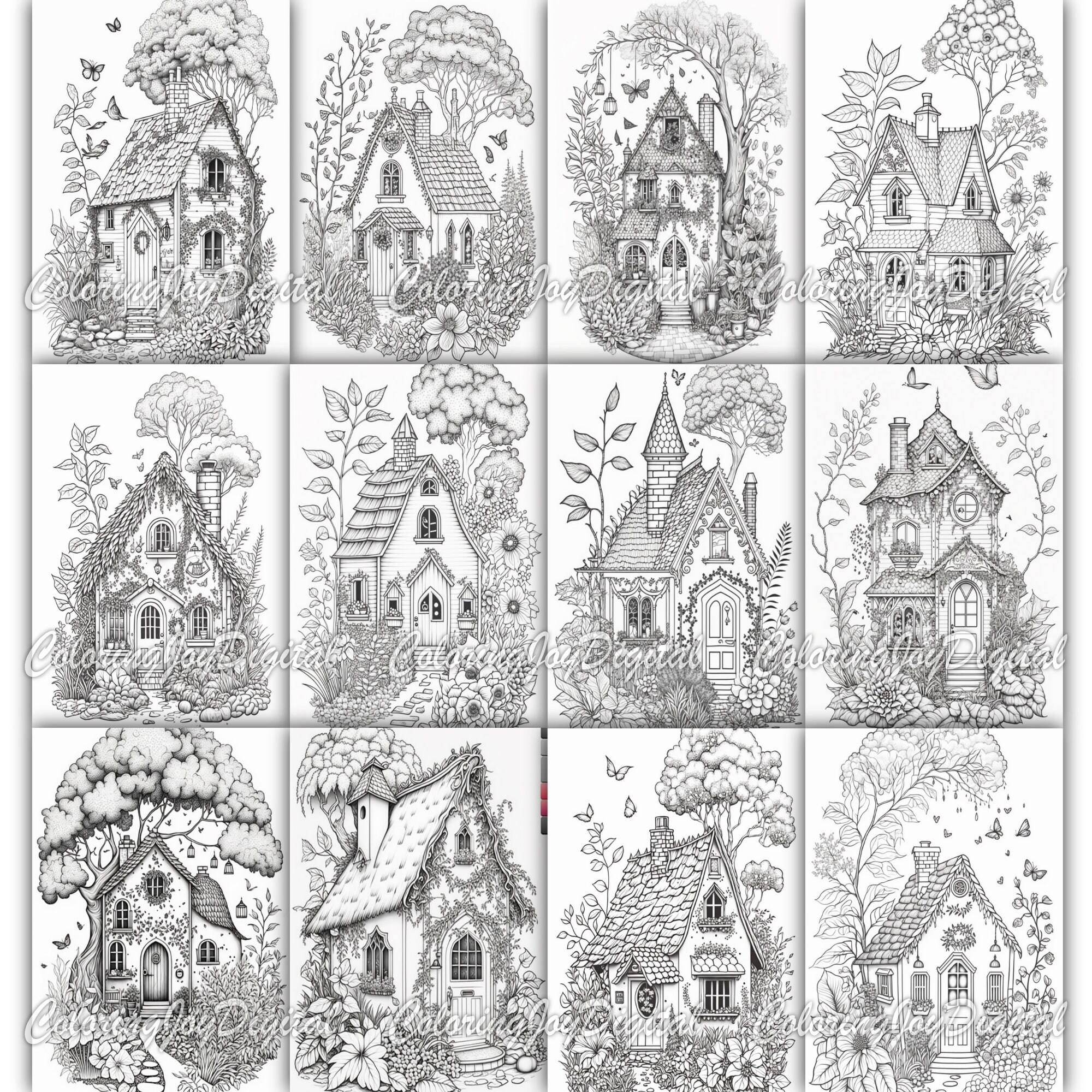 100 Magical House Coloring Pages, Grayscale Fantasy Fairy Garden ...