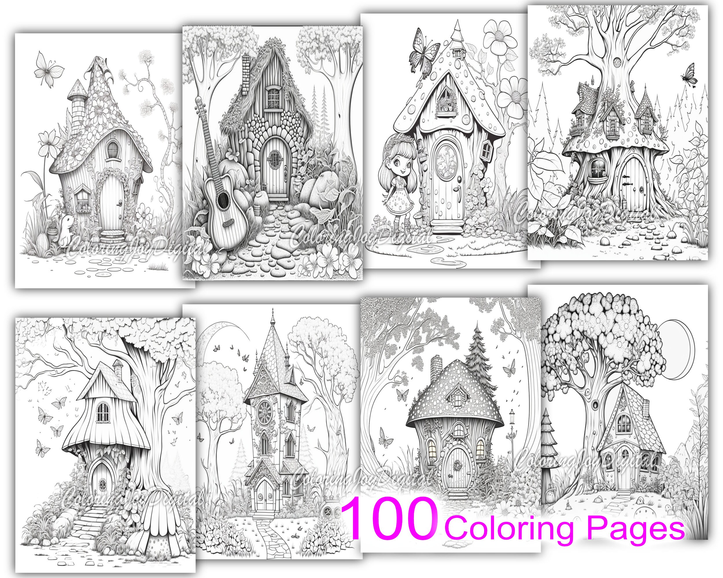 100 Fairy Houses Coloring Pages, Grayscale Coloring Pages, Fairy Garden ...