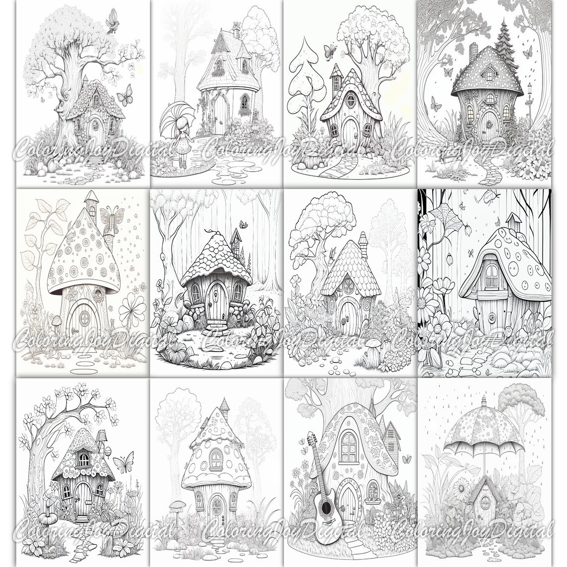 100 Fairy Houses Coloring Pages, Grayscale Coloring Pages, Fairy Garden ...