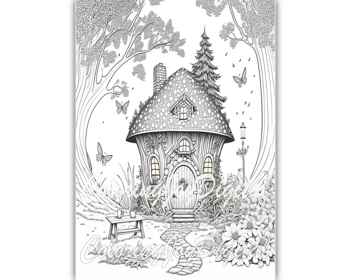 100 Fairy Houses Coloring Pages, Grayscale Coloring Pages, Fairy Garden ...