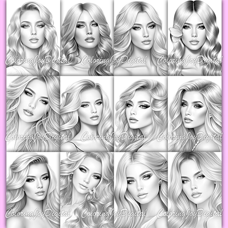 29 Women Hairstyle Coloring Set-2, Premium Grayscale Adult Coloring ...