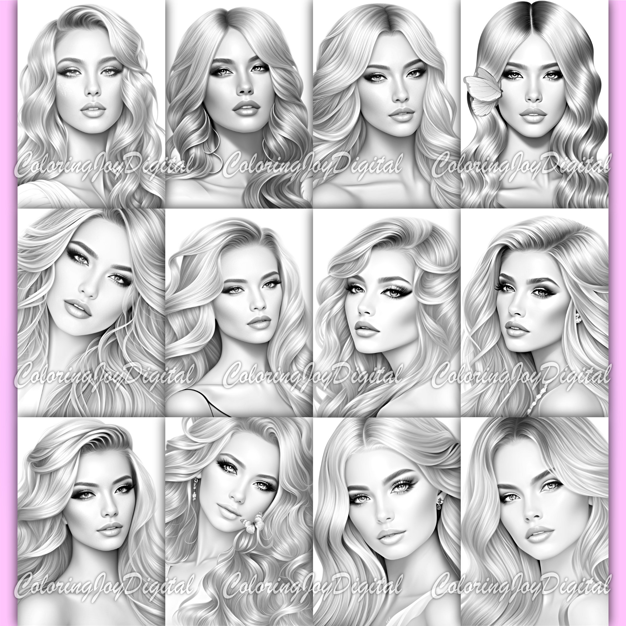29 Women Hairstyle Coloring Set-2, Premium Grayscale Adult Coloring ...