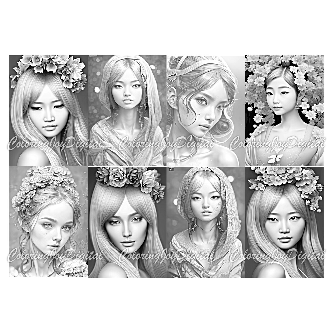 20 Grayscale Coloring Pages Fantasy Oriental Girl Women - Etsy