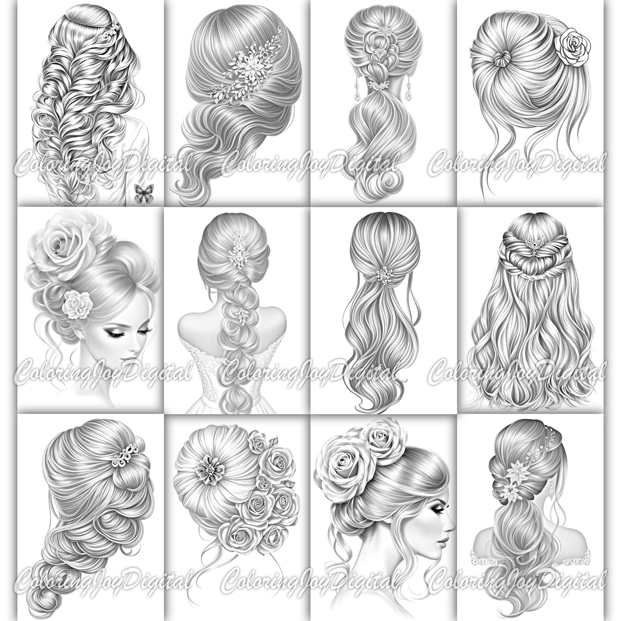 13 Women Wedding Hairstyle Coloring Page Premium Grayscale - Etsy