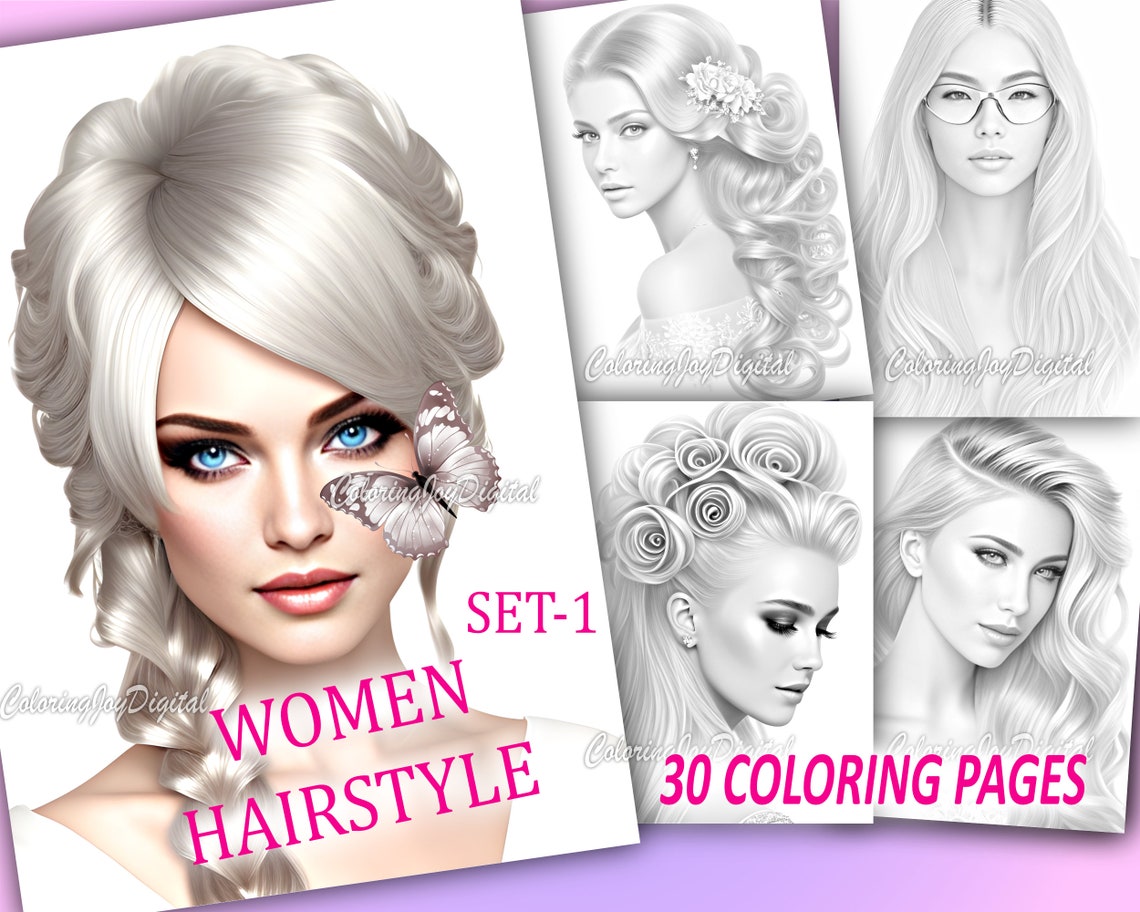 30 Women Hairstyle Coloring Set-1, Premium Grayscale Adult Coloring ...