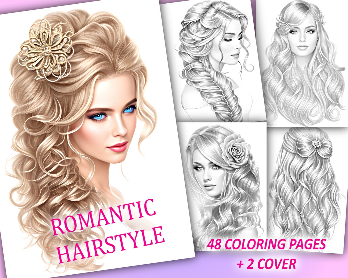 Hairstyle Romantic Coloring Book for Adults, 48 Grayscale Coloring ...