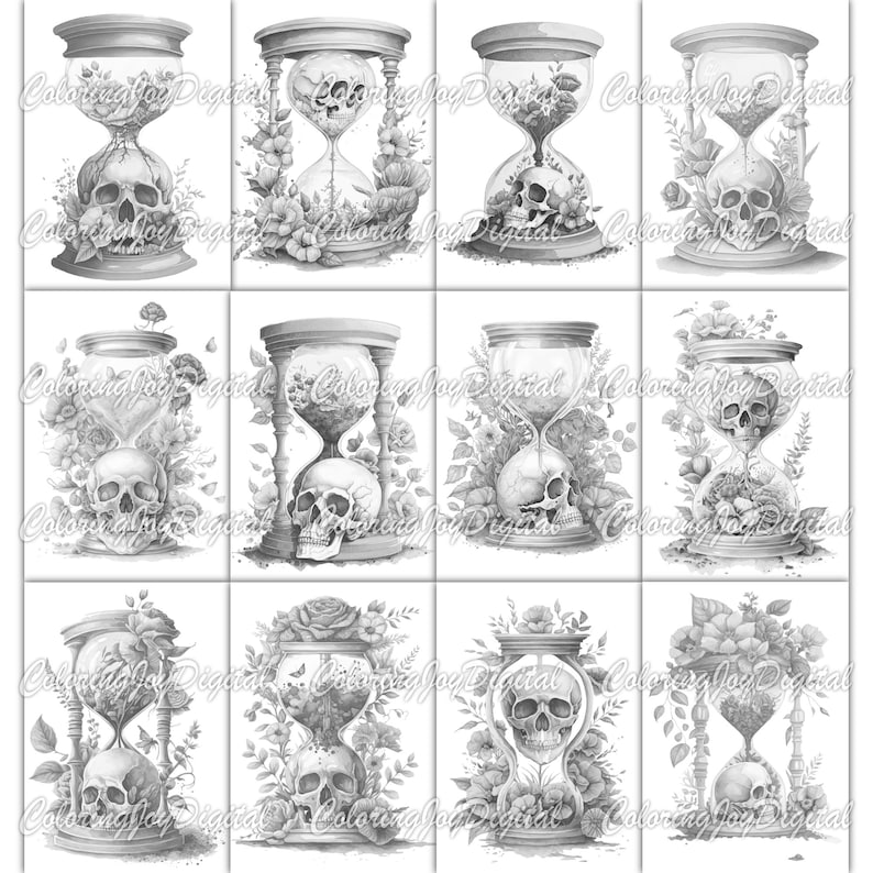 12 Skull Hourglass Coloring Pages, Grayscale Flower Coloring Pages ...