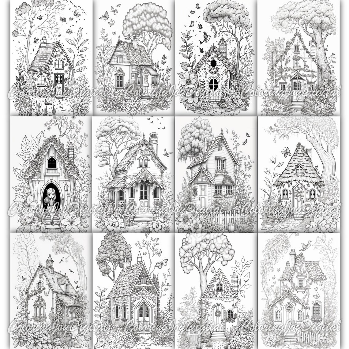 100 Magical House Coloring Pages, Grayscale Fantasy Fairy Garden ...