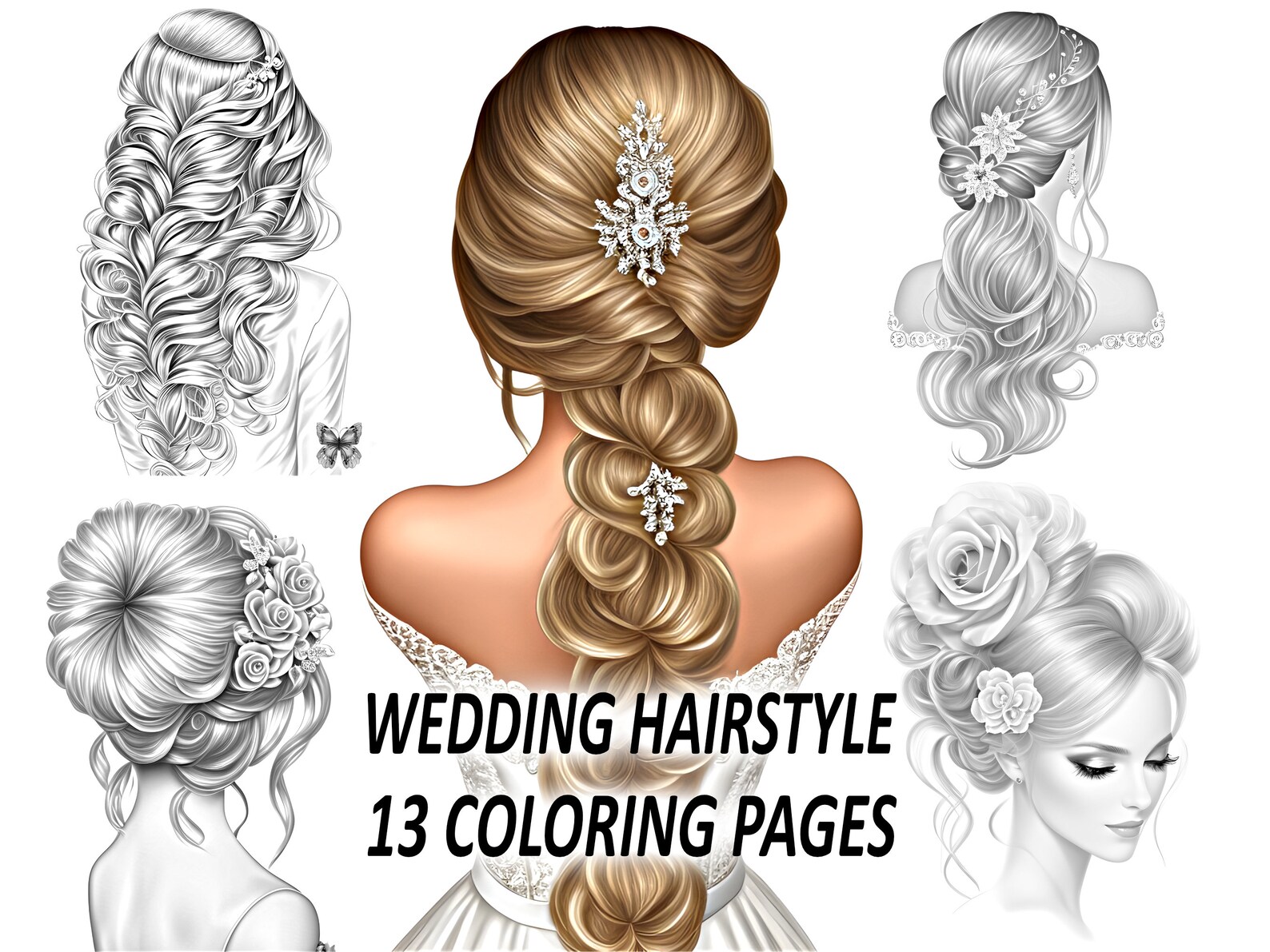 13 Women Wedding Hairstyle Coloring Page, Premium Grayscale Adult ...