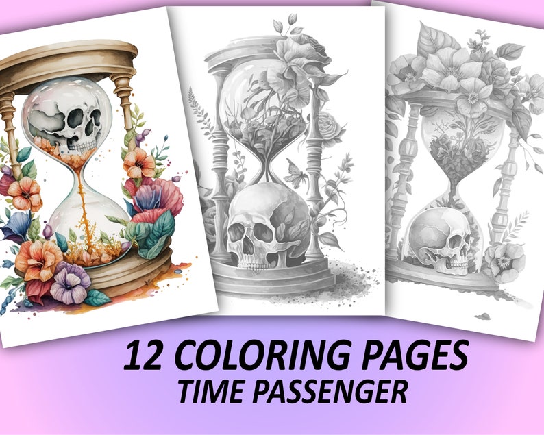 12 Skull Hourglass Coloring Pages, Grayscale Flower Coloring Pages ...