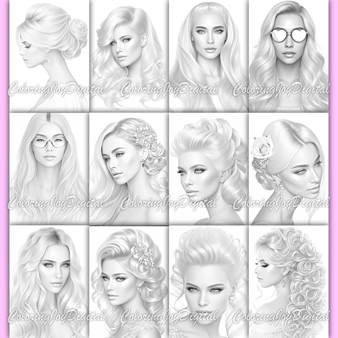 30 Women Hairstyle Coloring Set-1, Premium Grayscale Adult Coloring ...