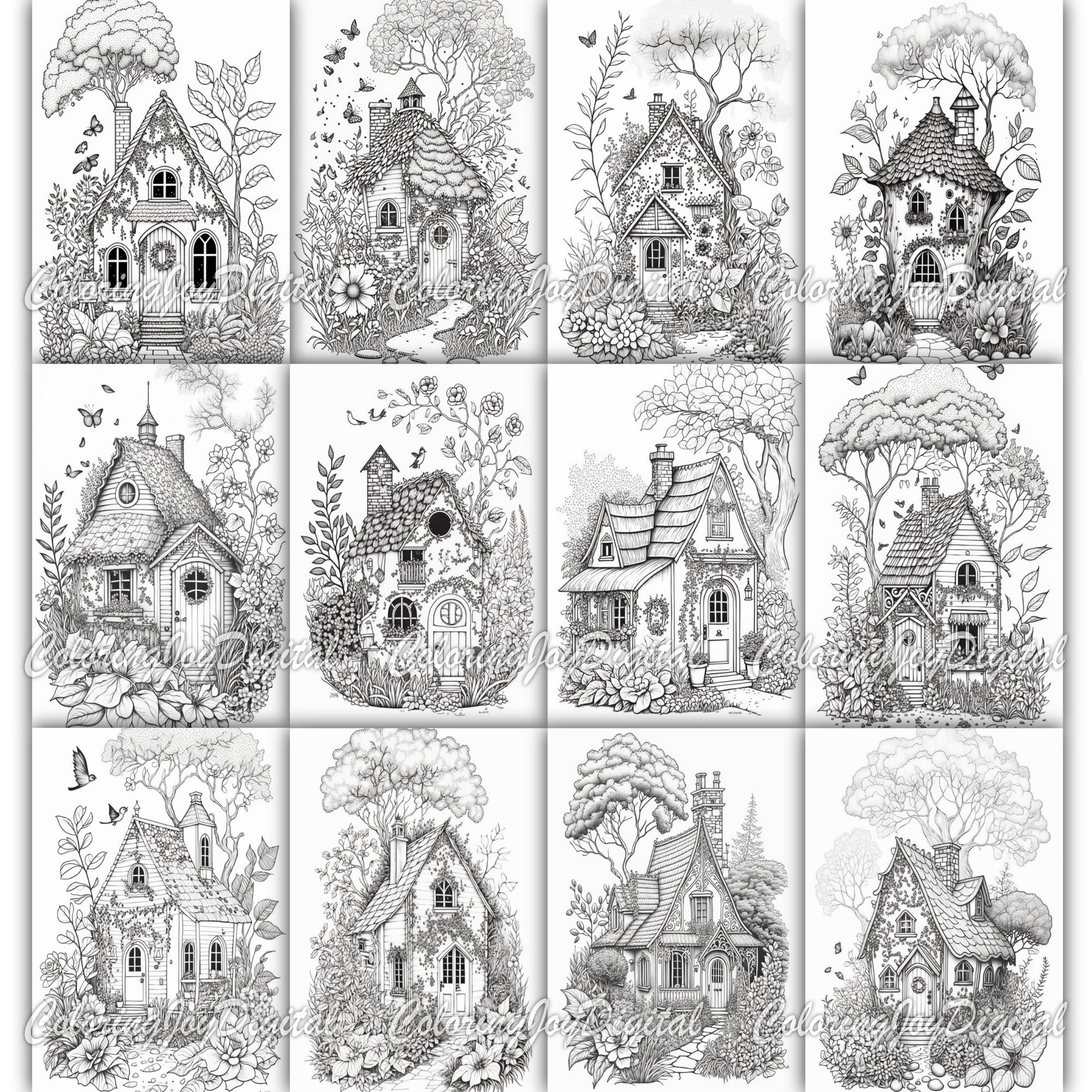 100 Magical House Coloring Pages, Grayscale Fantasy Fairy Garden ...