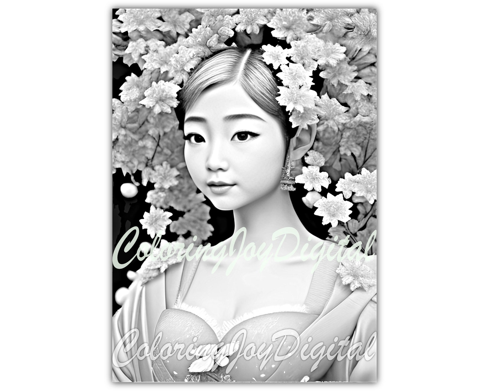 20 Grayscale Coloring Pages Fantasy Oriental Girl Women - Etsy