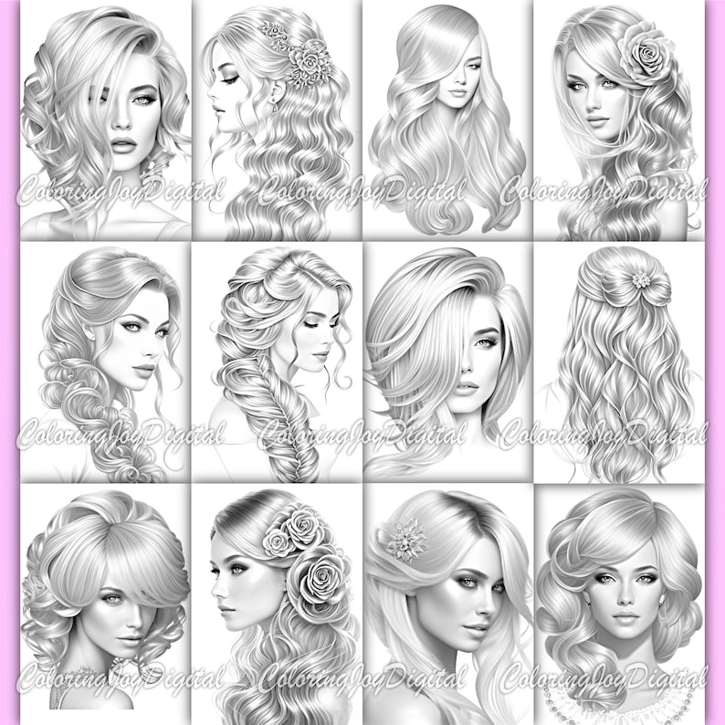 Hairstyle Romantic Coloring Book for Adults, 48 Grayscale Coloring ...