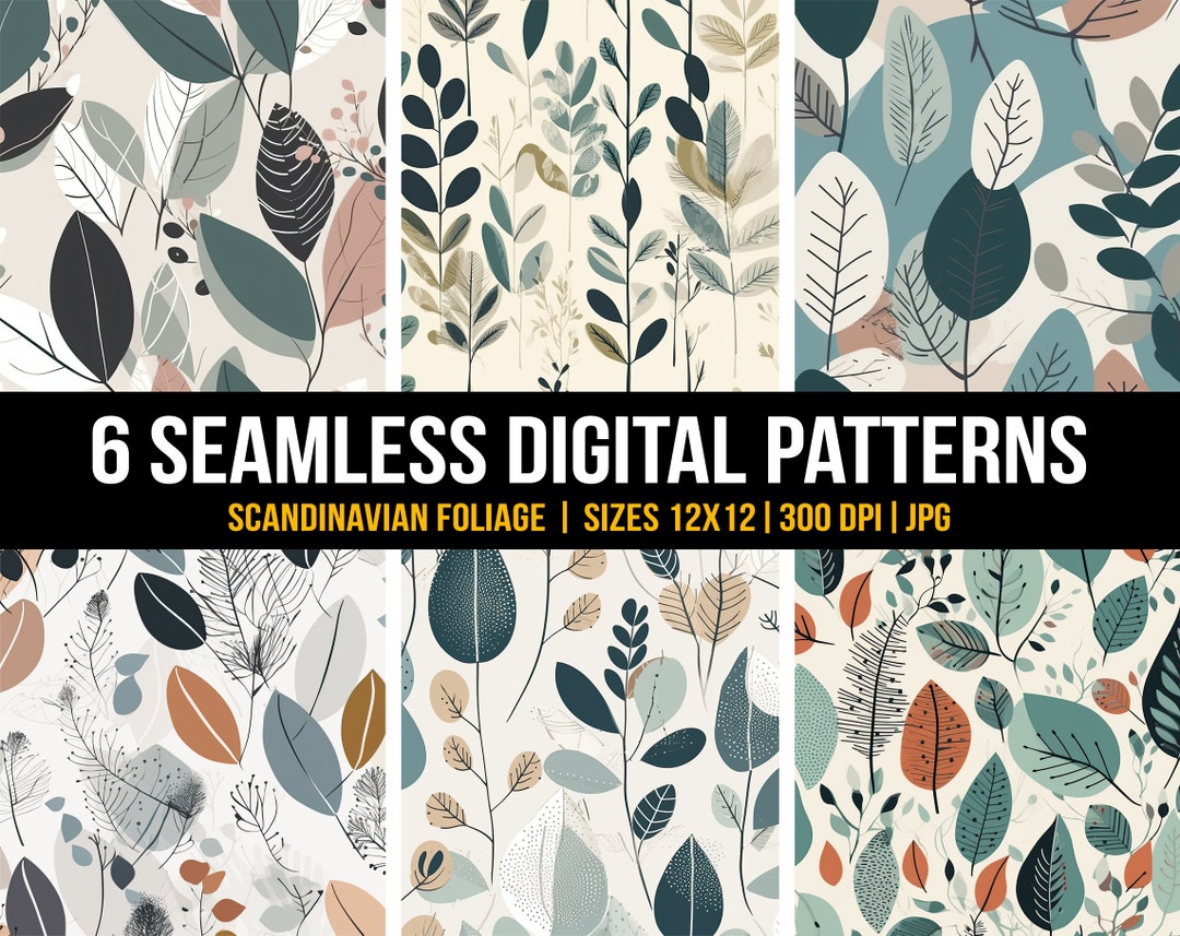 Seamless Scandinavian Foliage Patterns Uses Digital Paper, Pattern ...