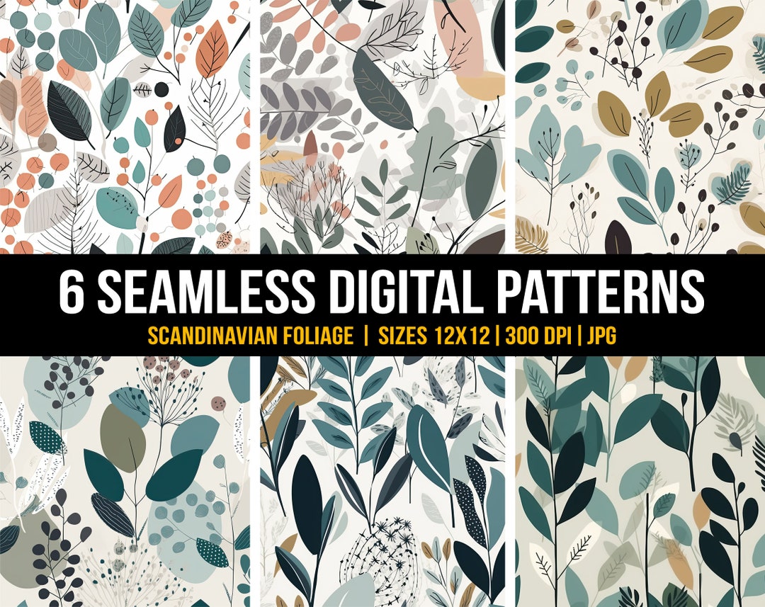 Seamless Scandinavian Foliage Patterns 2 Uses Digital Paper, Pattern ...