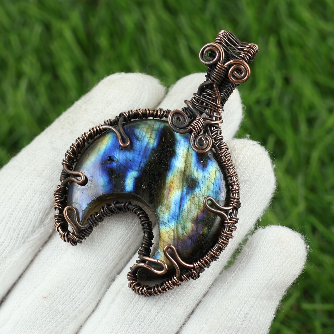 Natural Celestial Labradorite Moon & Heart Necklace, Handcrafted Copper ...