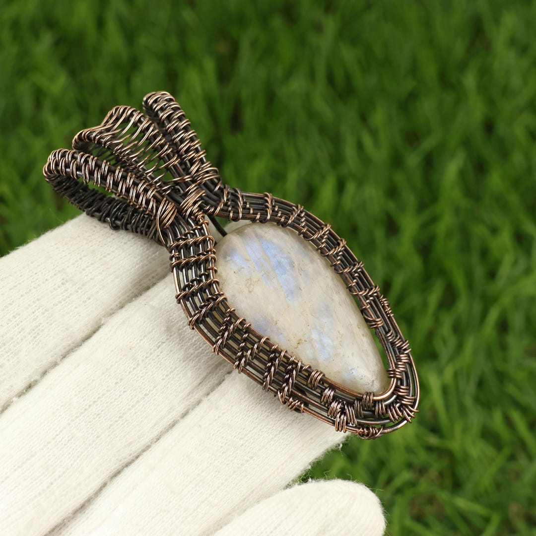 African Moonstone Wire Wrapped Pendant, Copper Jewelry for Women, Blue ...