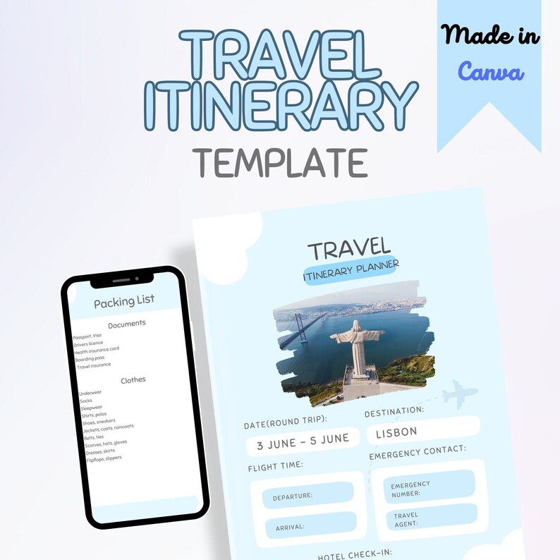Itinerary Travel Template for Travel Agents Packing List Canva Editable ...
