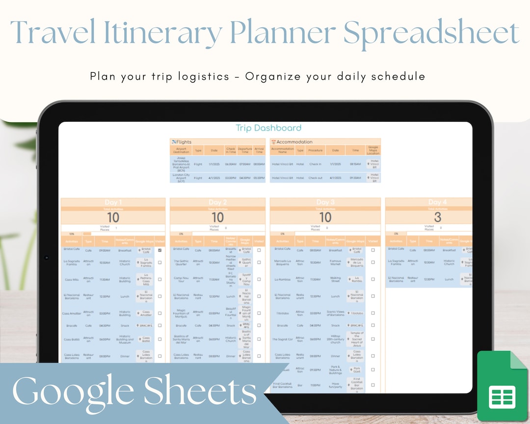 Travel Itinerary Template 2025 Trip Planner Spreadsheet Travel Planner ...