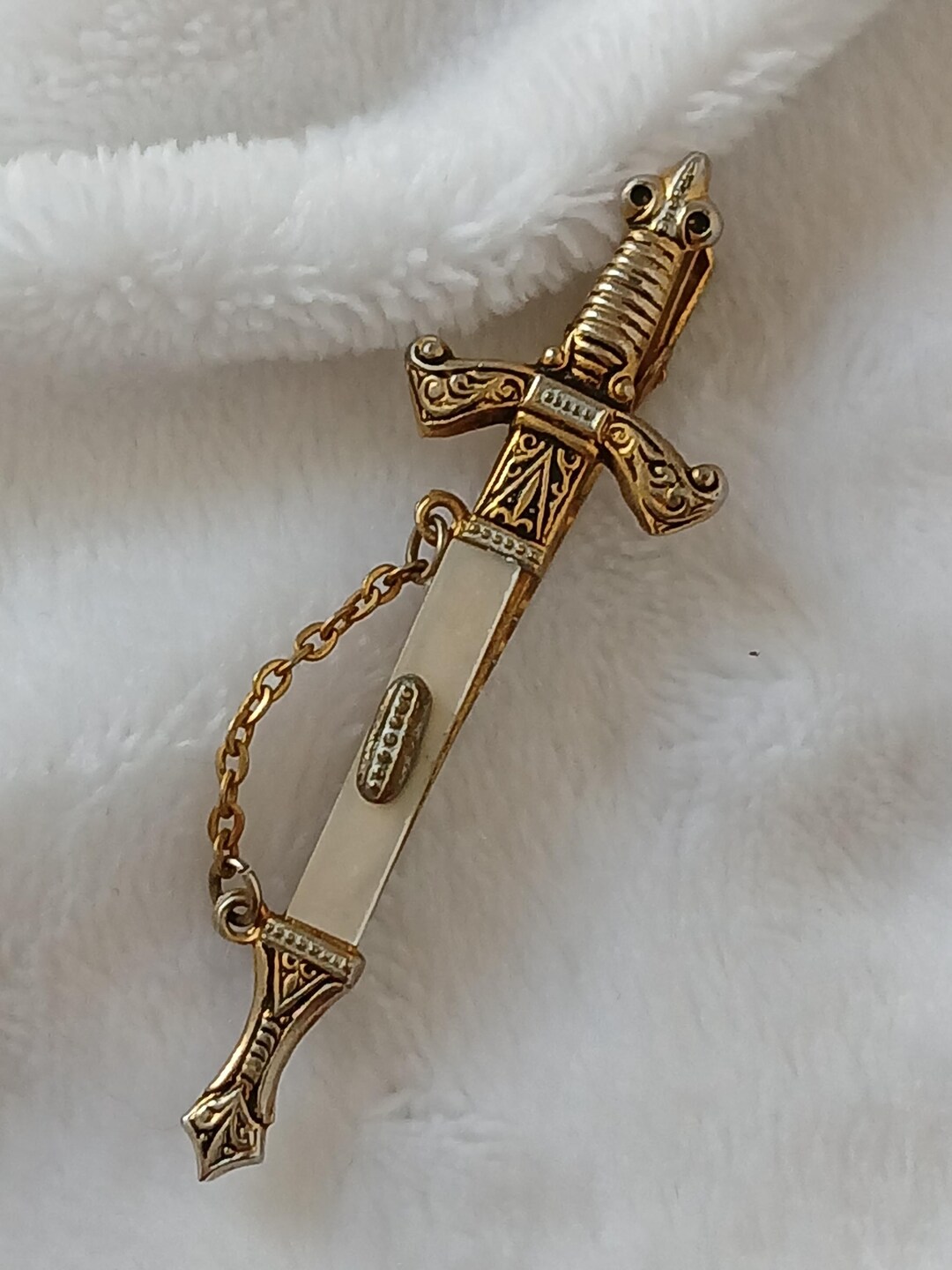 Vintage Damascene Toledo Sword and Chain Faux Mother of Pearl Tie Clip ...