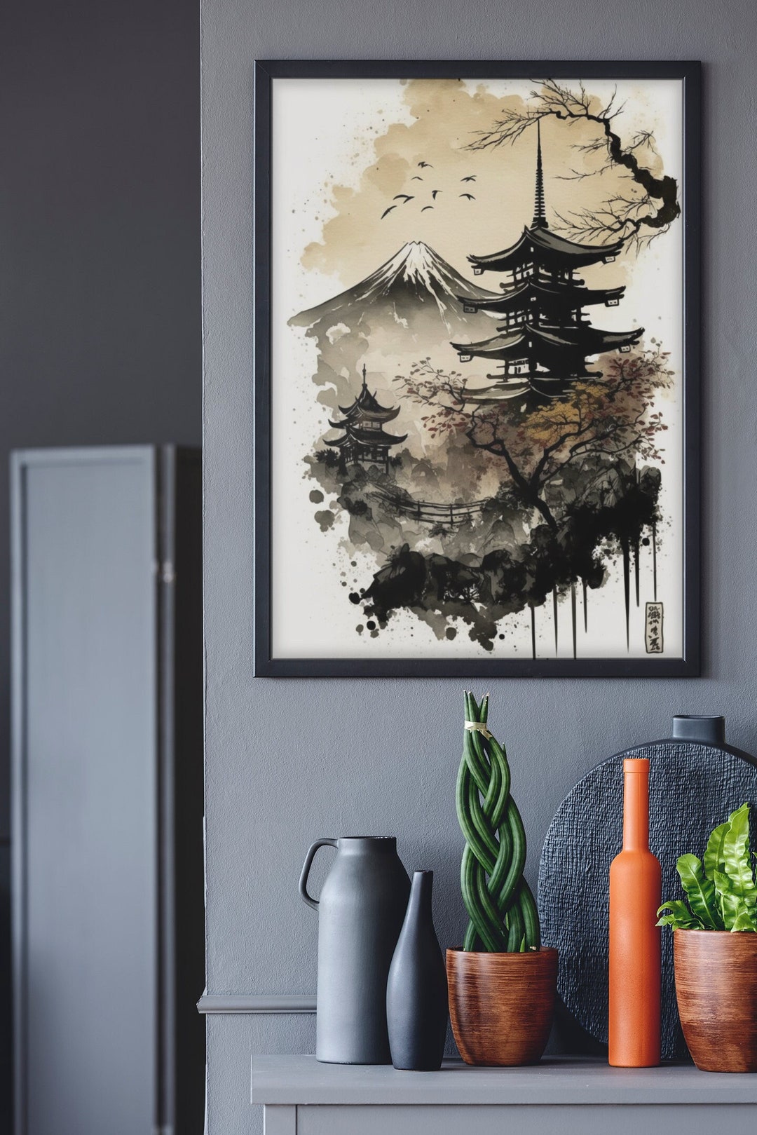 Japanese Temple, Sumi-e, Framed Poster, Japanese Wall Art, Gift for ...