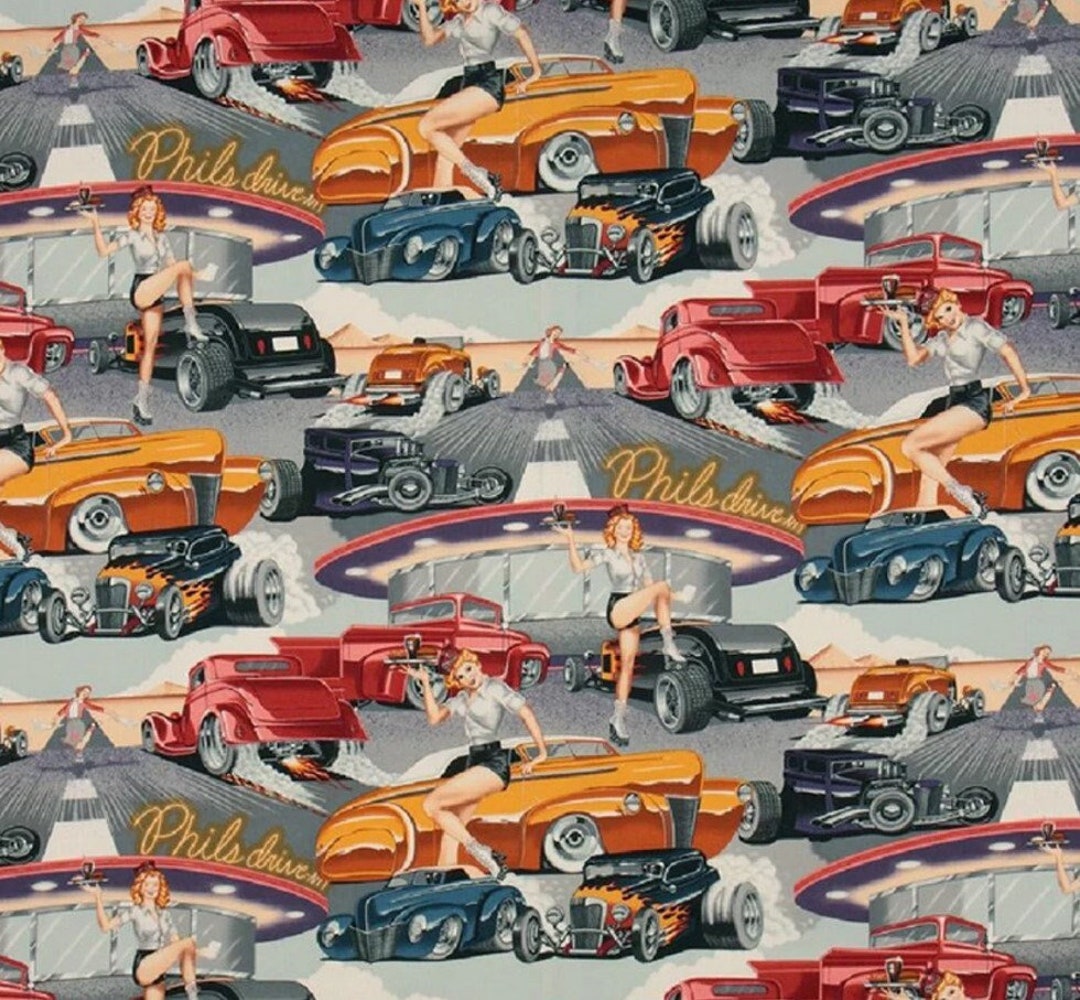 Phils Drive-in Hot Rods and Pinup Diner Girls Cotton Fabric by the Yard ...